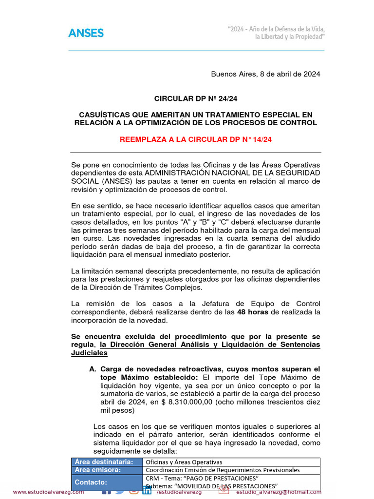 ANSES Circular Dp-024-2024 Casuísticas Que Ameritan Un Tratamiento Especial en Relación a La ...