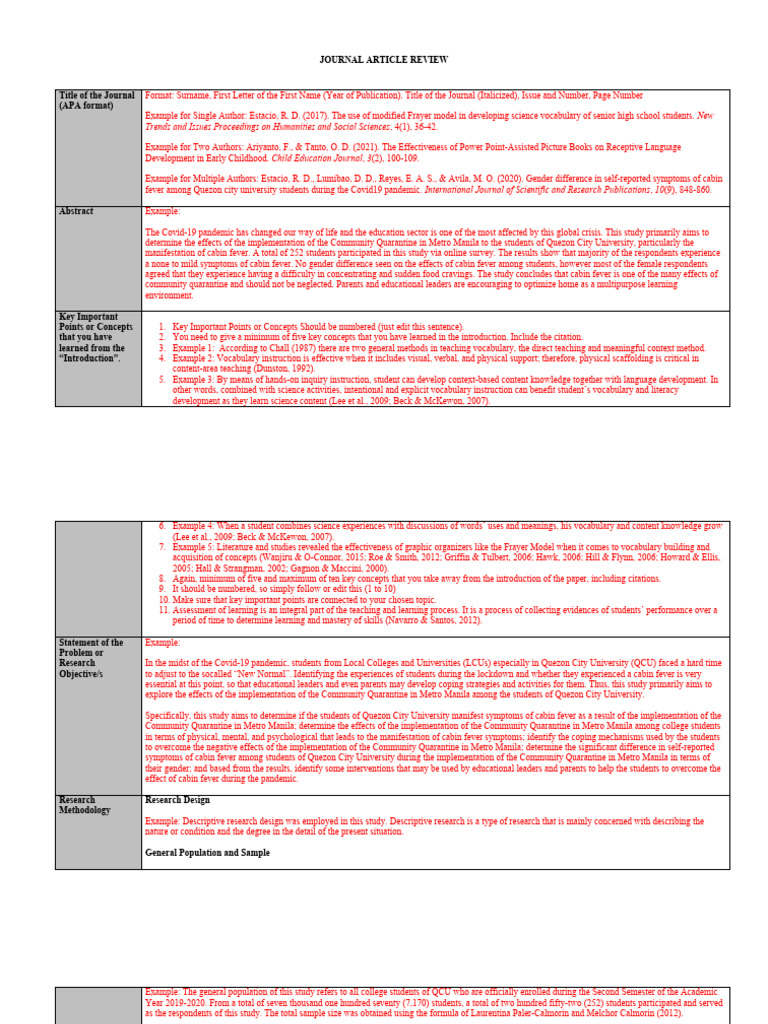 Journal Article Review Template 1 | PDF | Survey Methodology | Sampling ...