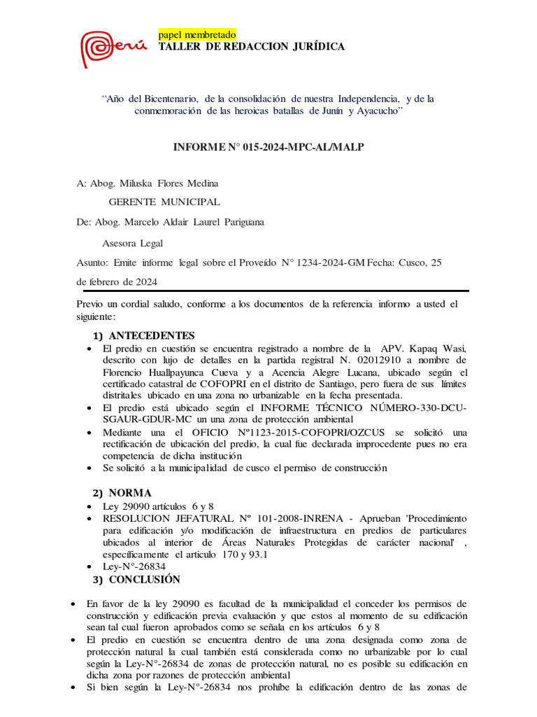 Informe de Asesoria Legal- Laurel Pariguana, Marcelo Aldair | PDF ... Informe de Asesoria Legal- Laurel Pariguana, Marcelo Aldair | PDF ...