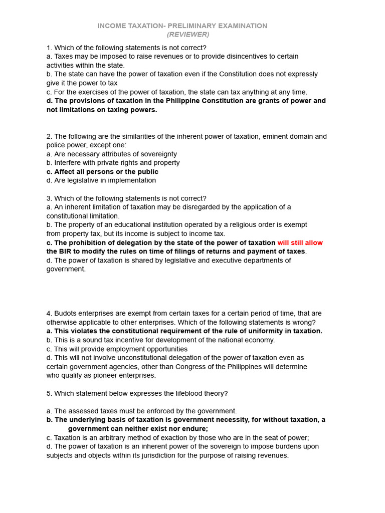 Income Taxation Preliminary Exam Review | PDF | Taxes | Income Tax