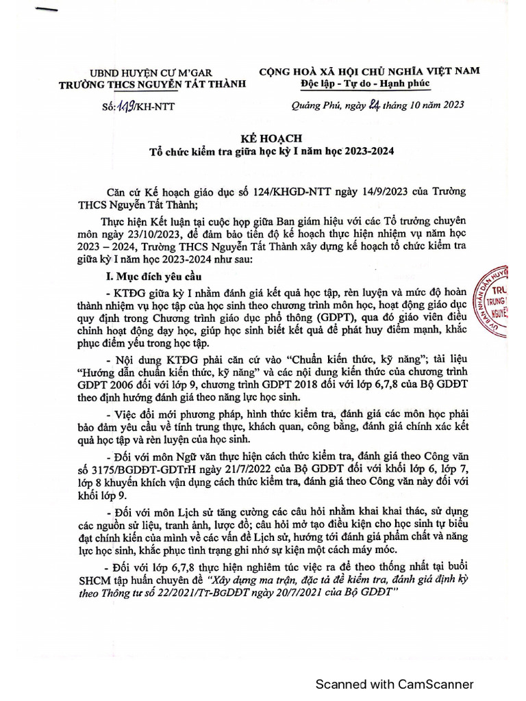 KẾ HOẠCH KIEM TRA GIỮA KY 1 - 23-24 | PDF