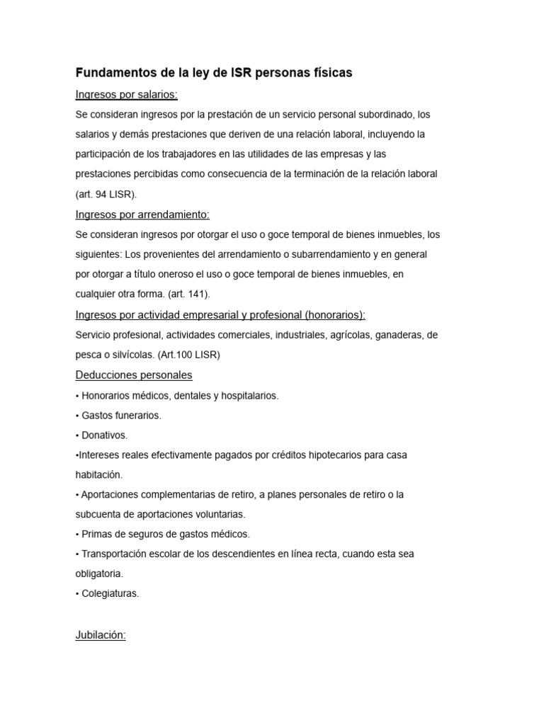 Fundamentos de la ley de ISR personas físicas | PDF | Jubilación | Pensión