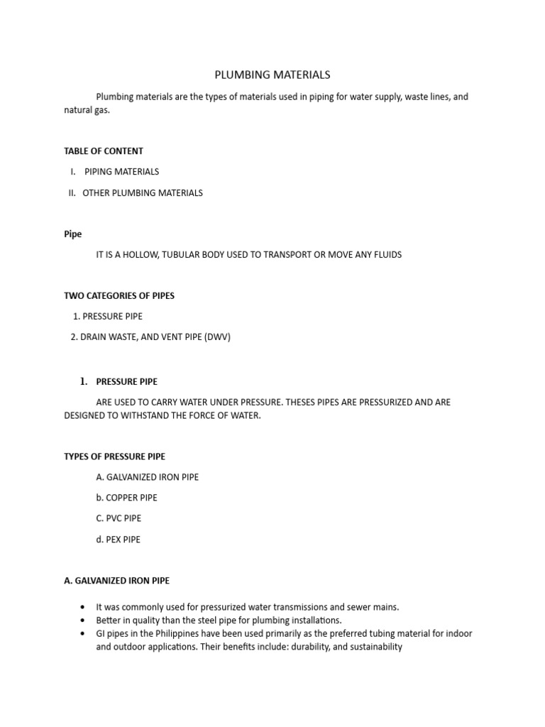 Plumbing Materials and Fittings Guide | PDF | Plumbing | Pipe (Fluid ...