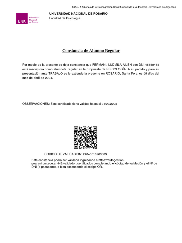 Constancia de Alumno Regular 2024 | PDF