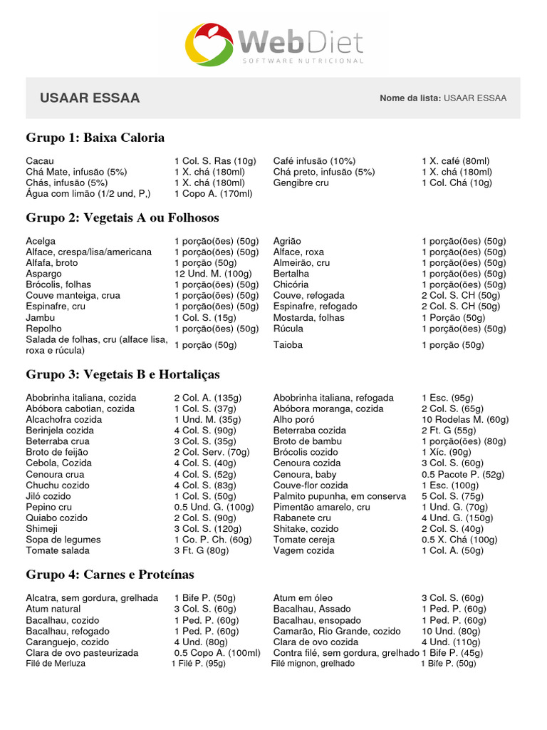 Lista de Alimentos USAAR ESSAA | PDF | Queijo | Feijão