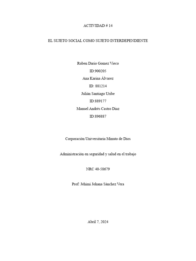 Actividad 14, El Sujeto Social Como Sujeto Interdependiente | PDF