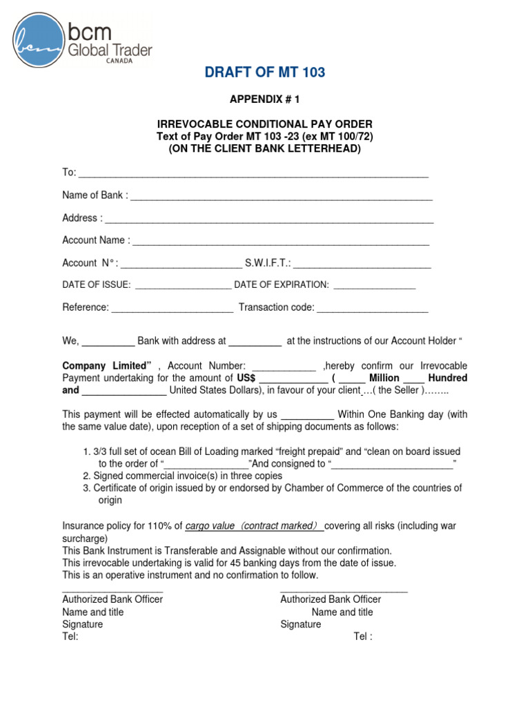 MT 103 Irrevocable Pay Order Template | PDF