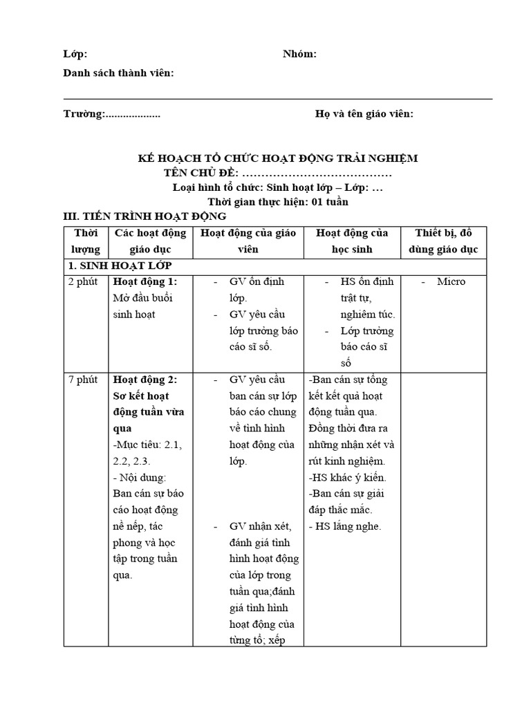 Khung KH HĐTN - SINH HOAT LOP | PDF