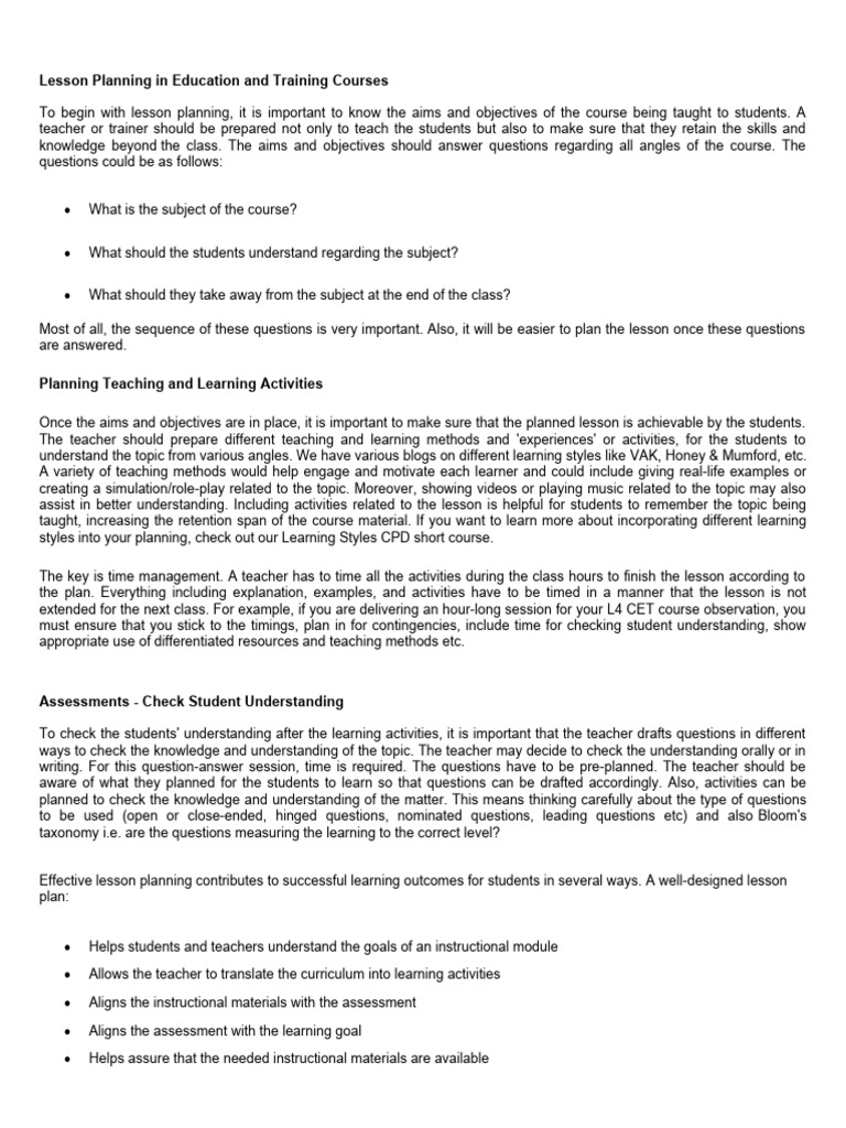 Lesson Planning in Education and Training Courses | PDF | Curriculum ...