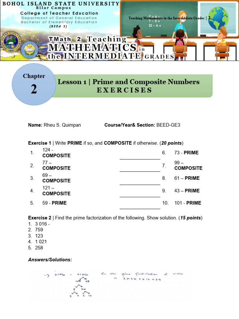 RHEU QUIMPAN - TMath 2 Chapter 2 Lesson 1 Exercises | PDF | Prime Number | Numbers