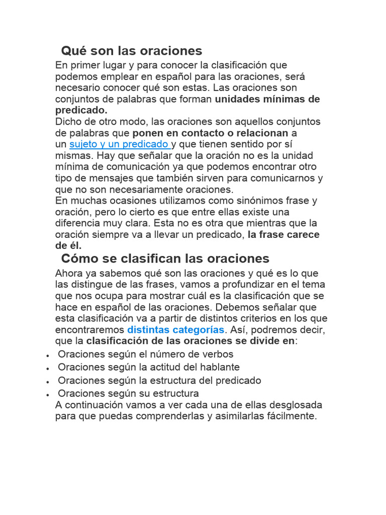 Clasificación de Oraciones en Español | PDF | Oración (Lingüística ...
