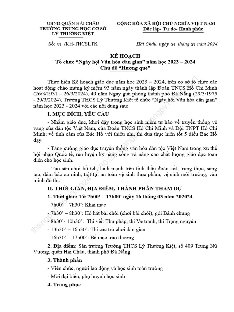 Ke Hoach To Chuc - Ngay Hoi Van Hoa Dan Gian - Nam Hoc 2023 - 2024.THCSLTK - Signed.signed ...