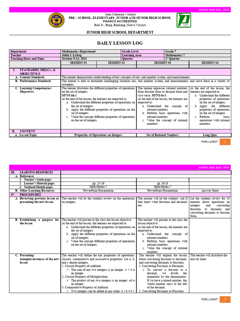2023 DLL Mathematics 7 Q1 W 6 | PDF | Multiplication | Decimal