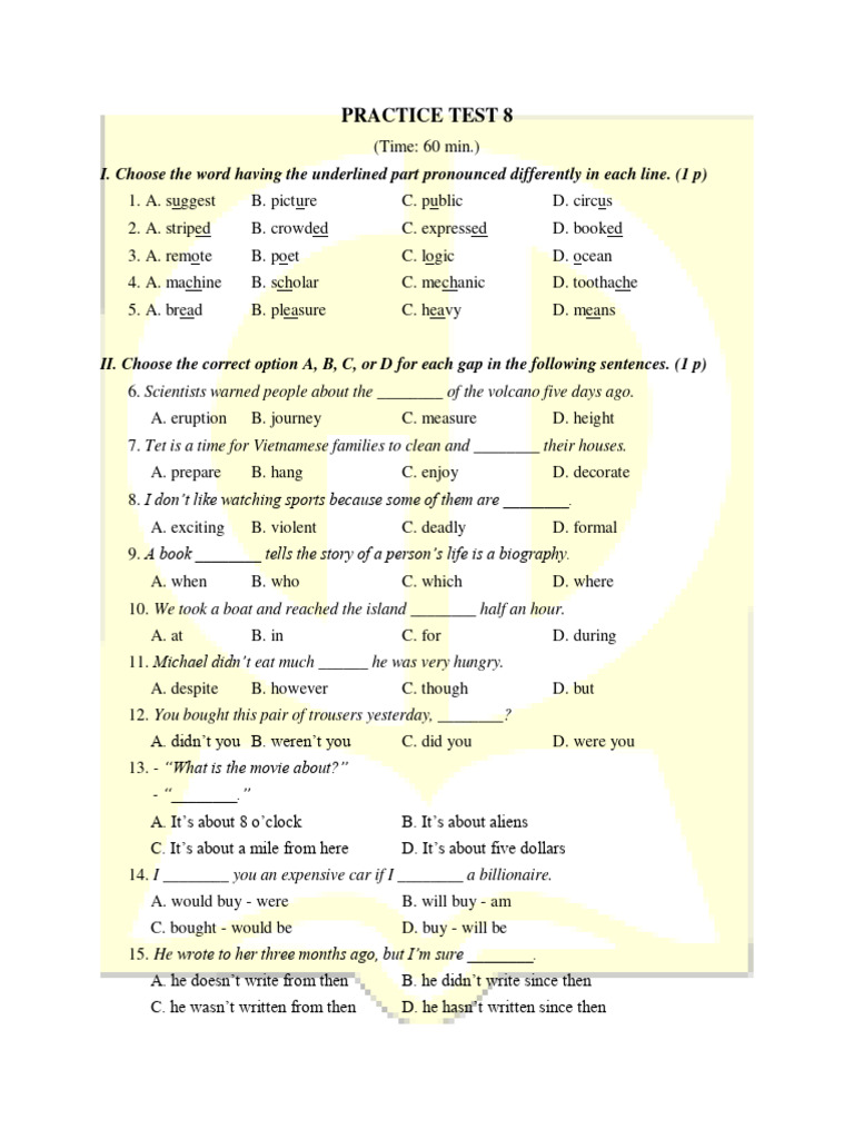 Practice Test 8 | PDF | Classroom | Dead Sea