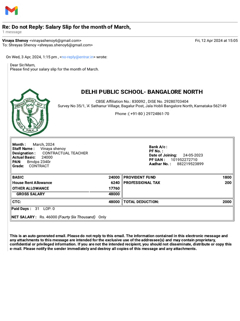 Gmail - Re - Do Not Reply - Salary Slip For The Month of March | PDF ...