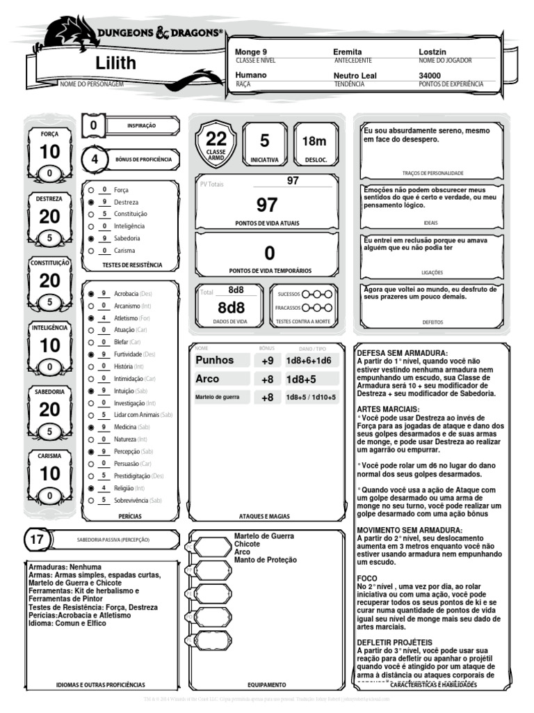 Ficha Da Lilith Campanha | PDF