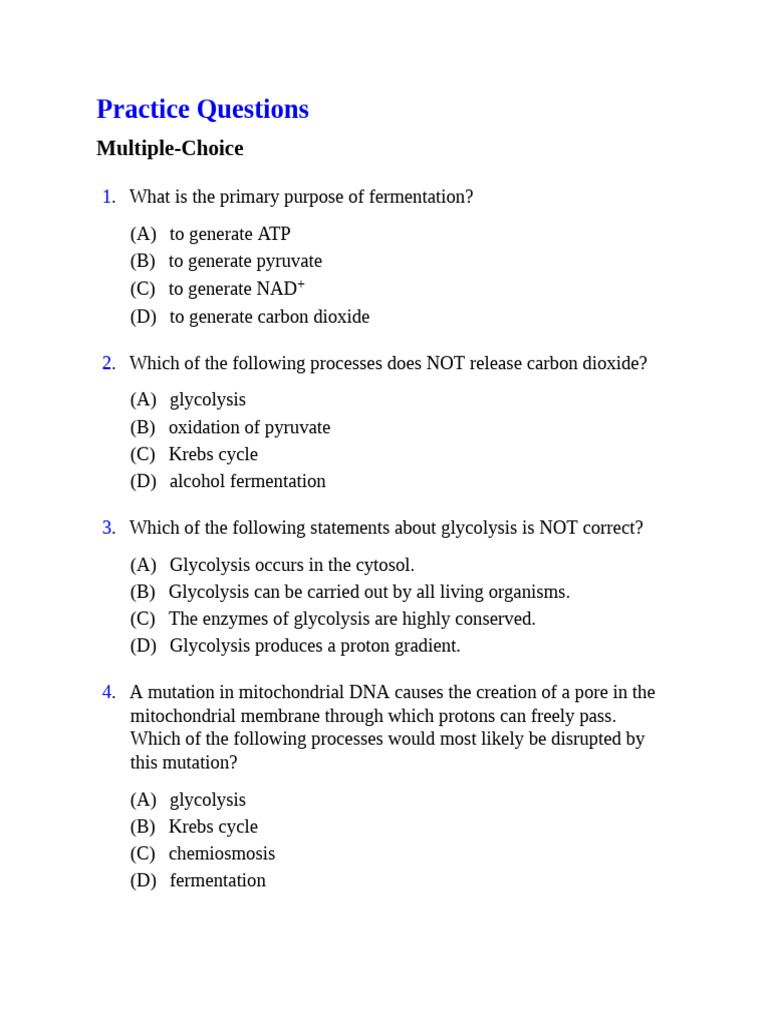 Cellular Respiration Practice Questions | PDF | Cellular Respiration ...