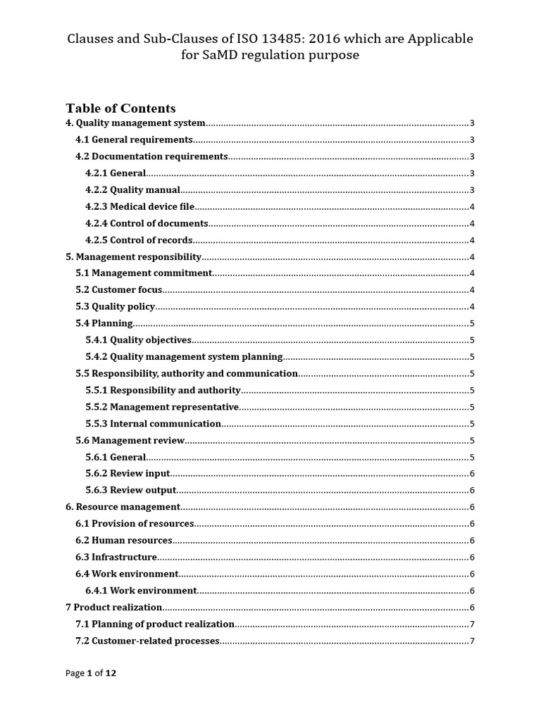 Clauses and Sub-Clauses of ISO 13485 2016 Which Are Applicable For SaMD Regulation Purpose | PDF ...