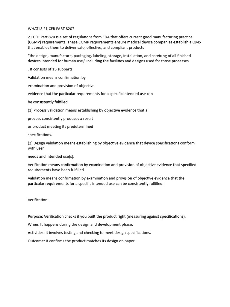 What Is 21 CFR Part 820 | PDF | Verification And Validation | Medical ...