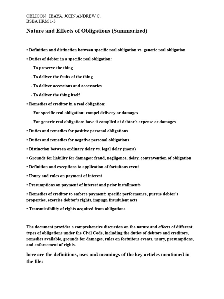 Oblicon Chapter 2: Nature-and-Effects-of-Obligations-Summarized | PDF | Interest | Usury