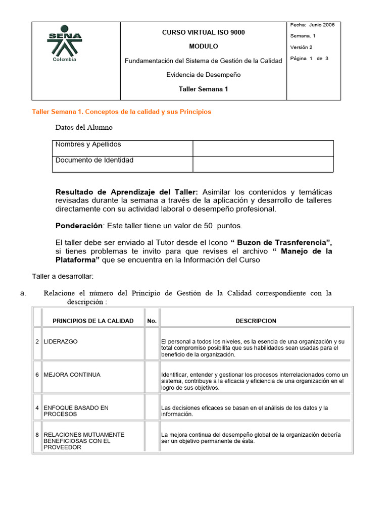 Taller Semana 1 | PDF | Sistema de manejo de calidad | Gestión de la calidad