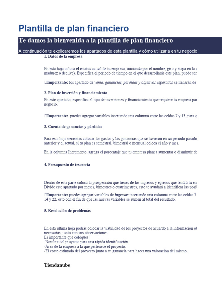 Plan Financiero Ejemplo Tiendanube | Descargar gratis PDF | Business ...