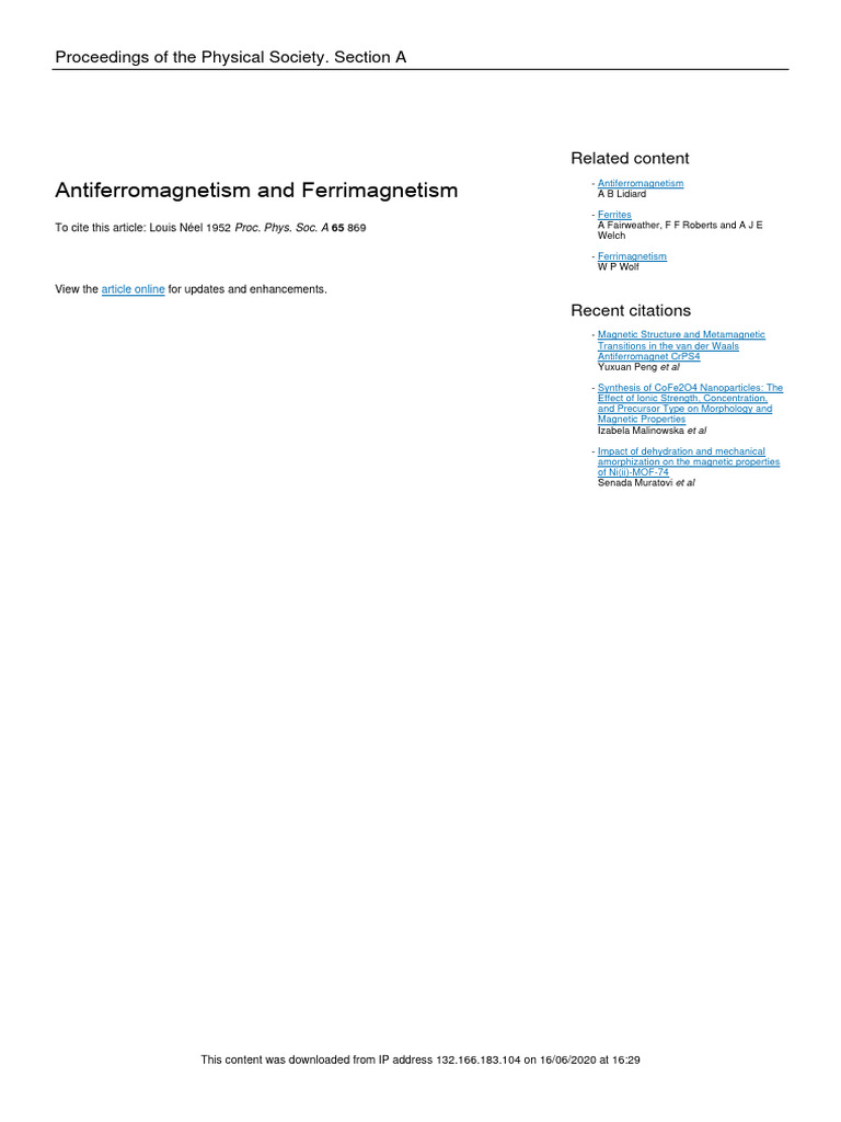 Néel - 1952 - Antiferromagnetism and Ferrimagnetism | PDF | Ferromagnetism | Magnetism