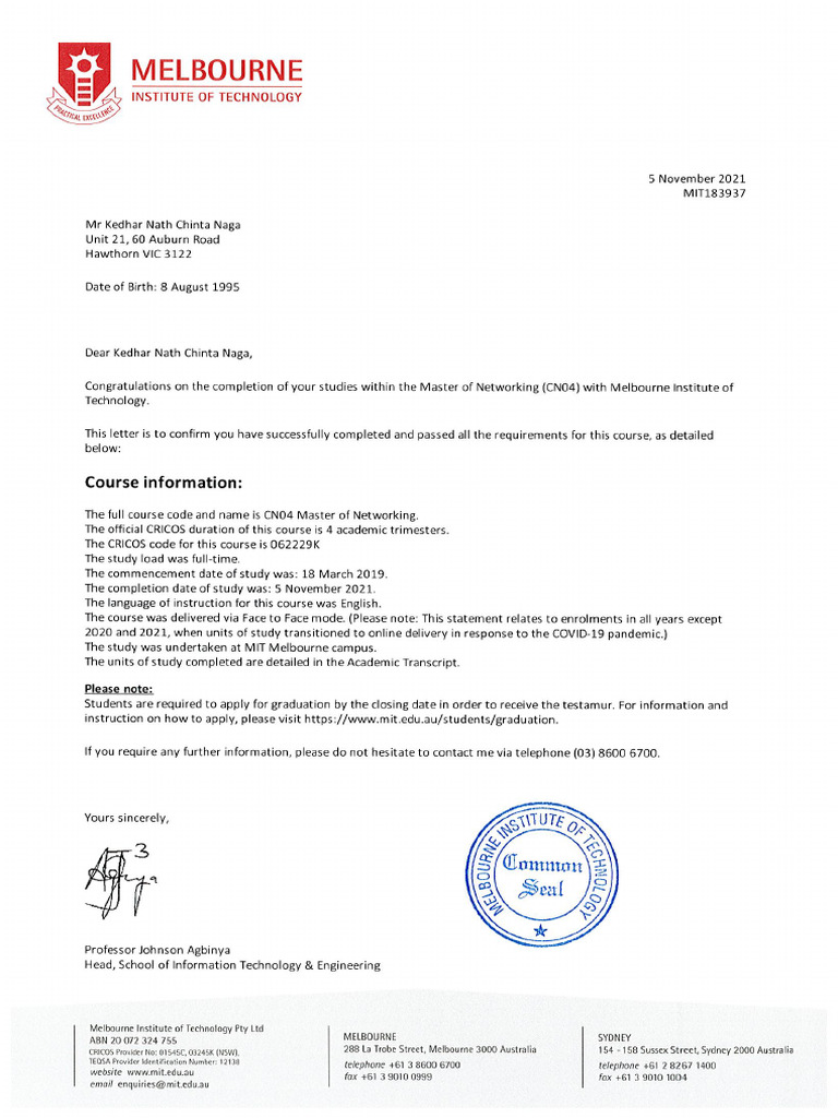 Completion Letter and Transcript | PDF