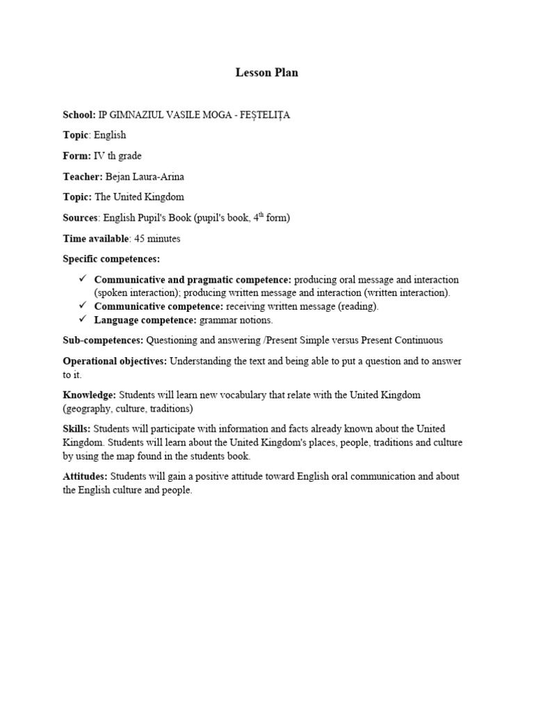 Lesson Plan 4 TH Grade United Kingdom | PDF | Lesson Plan | English ...