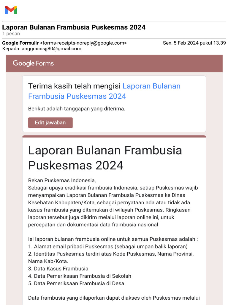 Jan 24 Gmail - Laporan Bulanan Frambusia Puskesmas 2024 | PDF