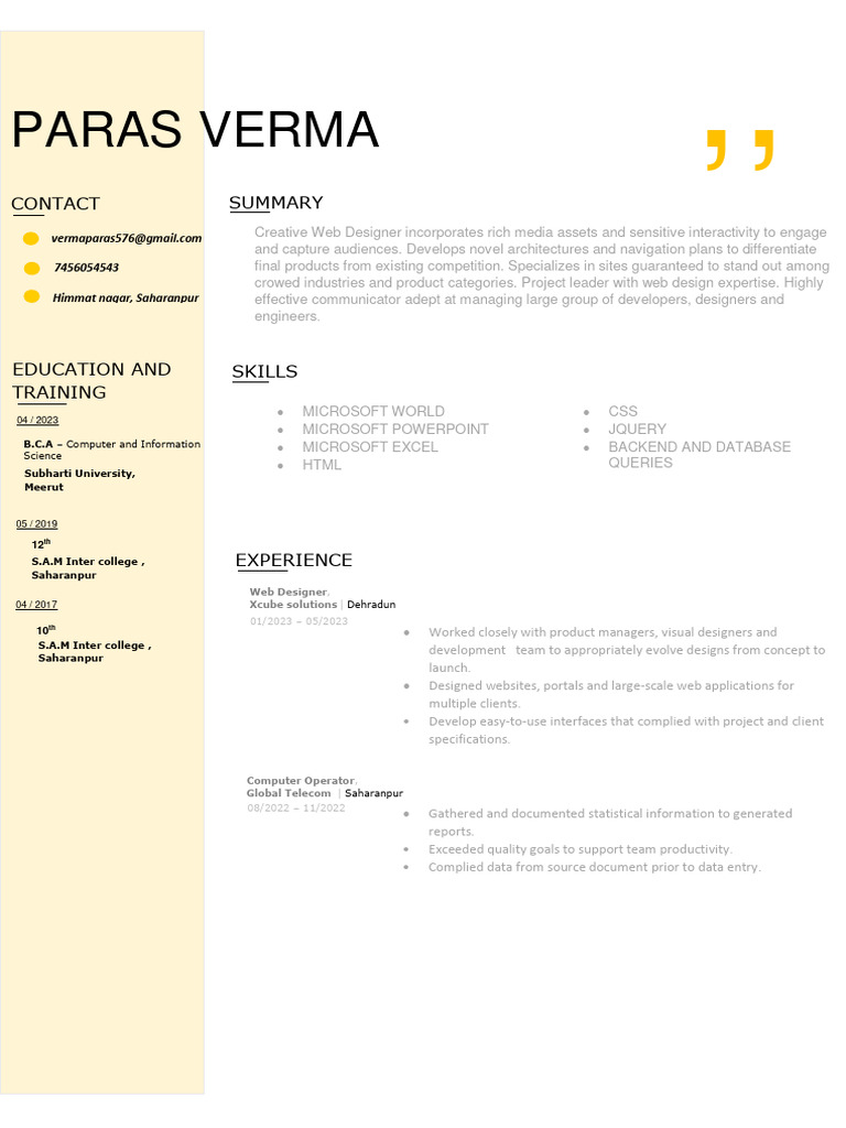 Paras New Resume | PDF | Web Design | World Wide Web