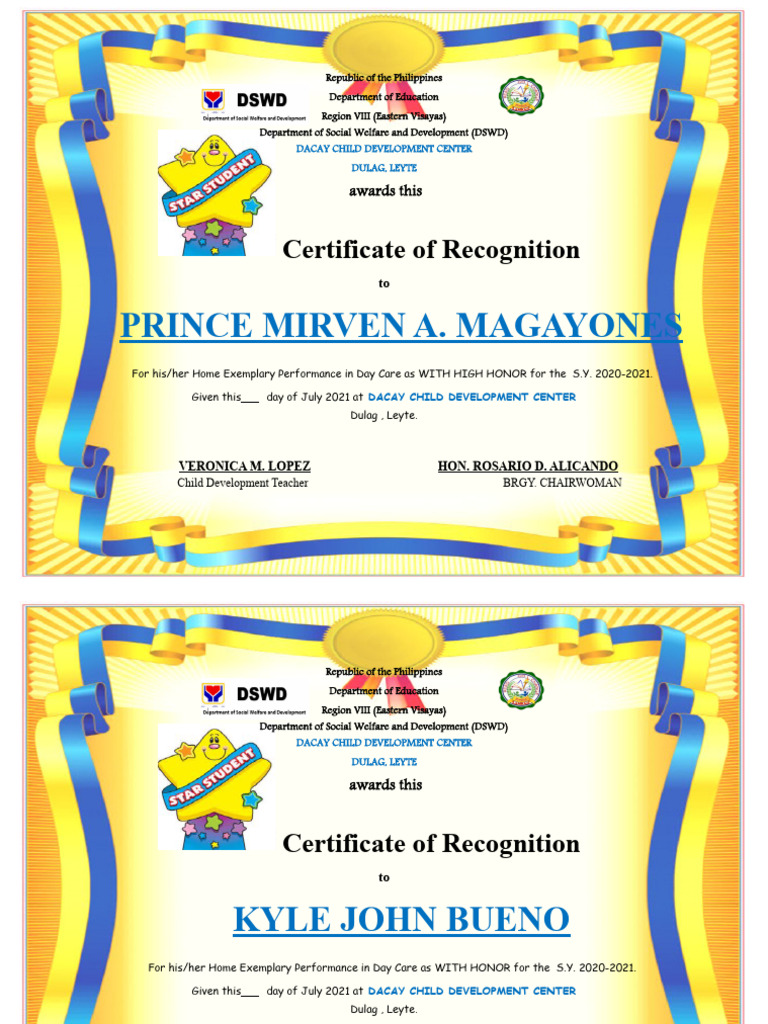 Daycare Pupils Certificate | PDF | Child Care | Welfare