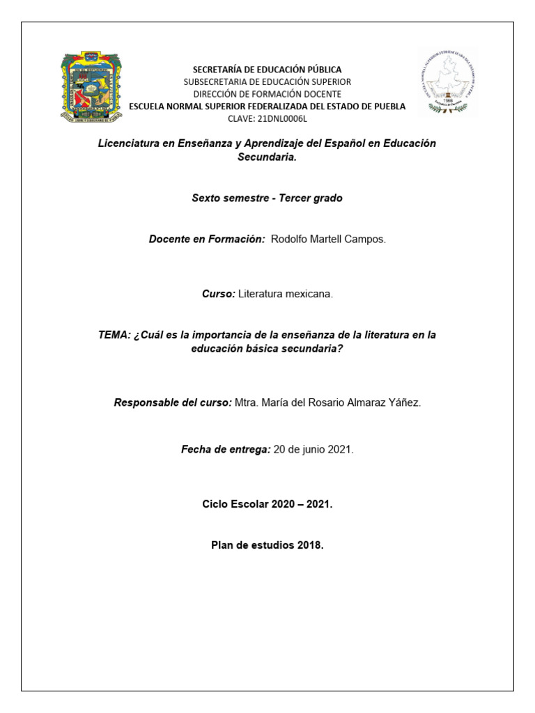 Escrito Final Semestral Literatura Mexicana | PDF | Enseñando | Educación Secundaria