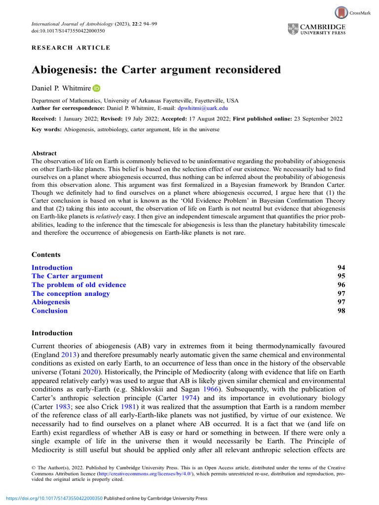 Abiogenesis The Carter Argument Reconsidered | PDF | Evidence | Probability