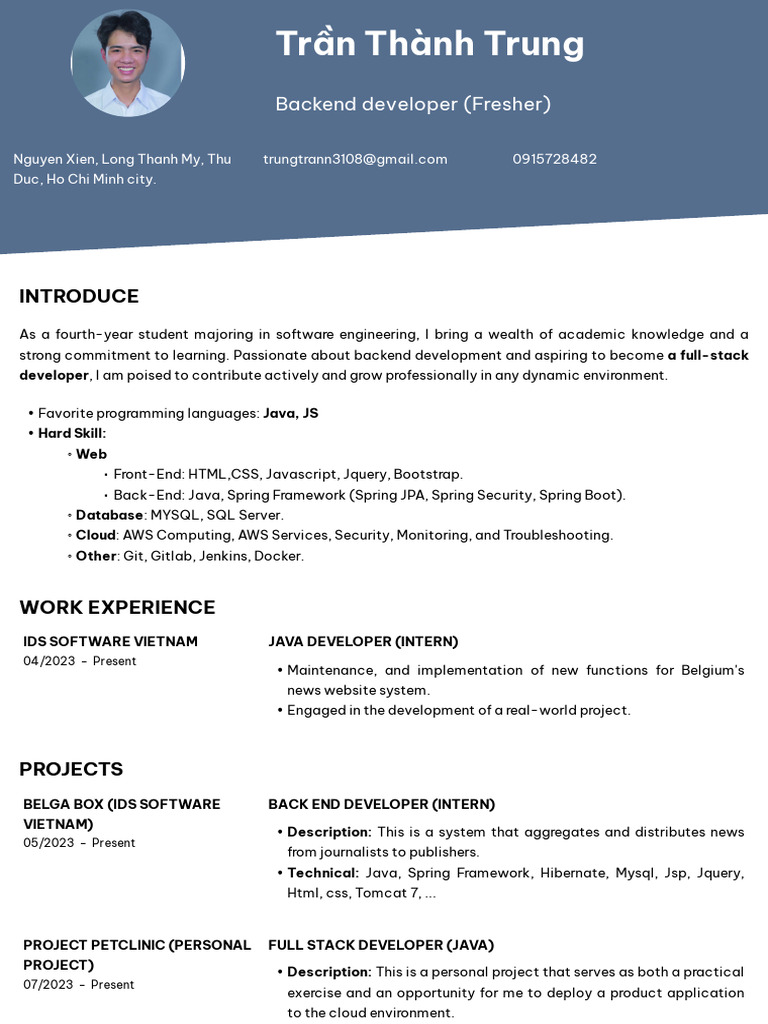 Backend Developer Resume - Trần Thành Trung | PDF | Spring Framework ...