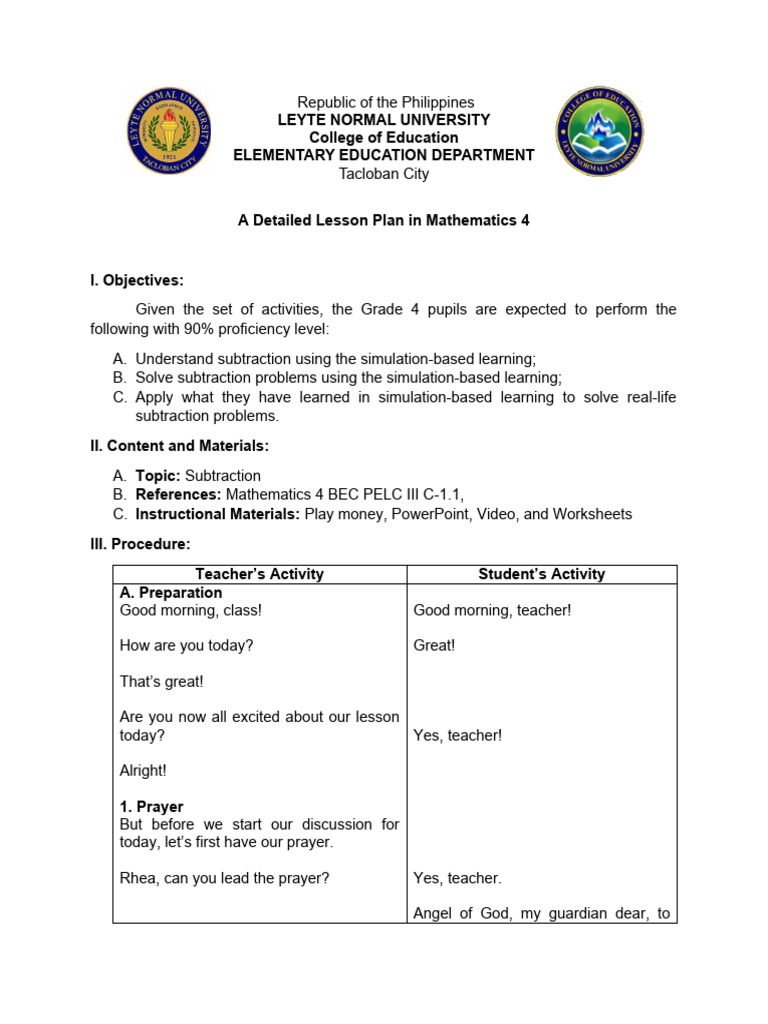 Math Detailed LP | PDF | Teachers | Cognition