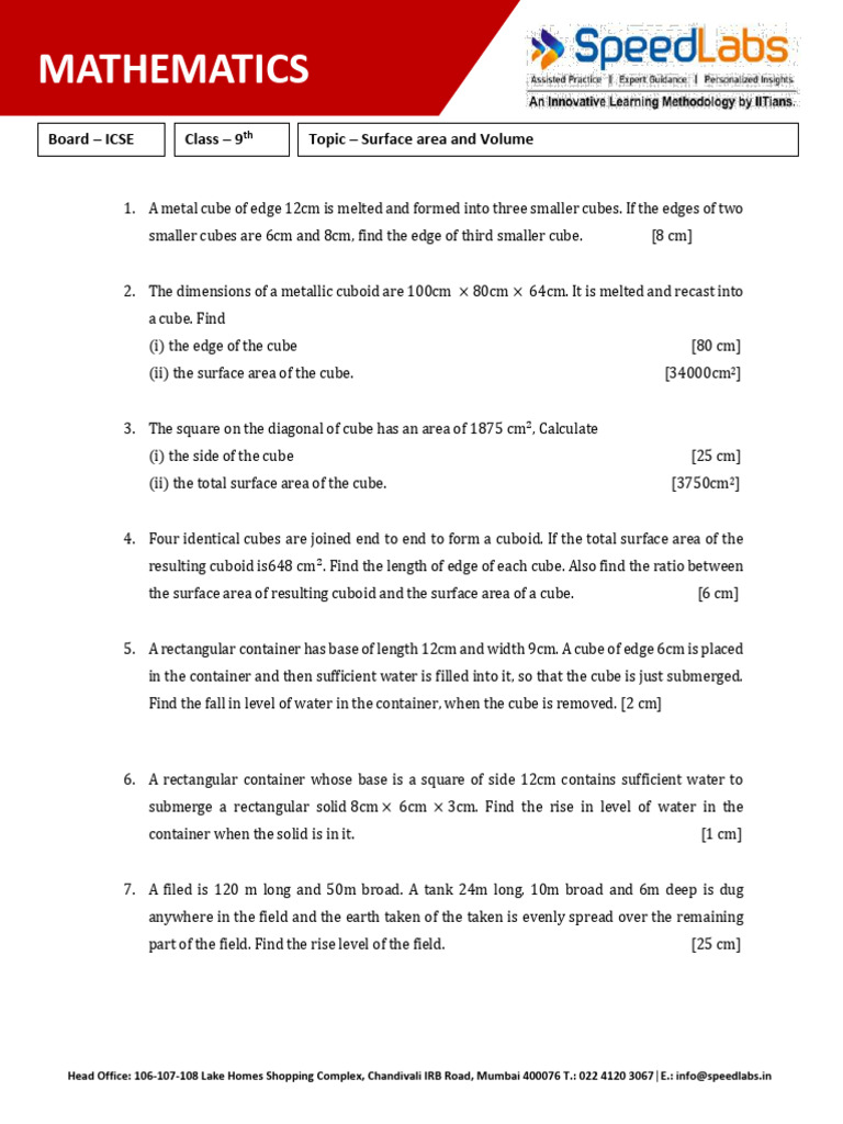 Solids Surface Area and Volume of 3 D Solids Important Qs 21. ICSE09M ...