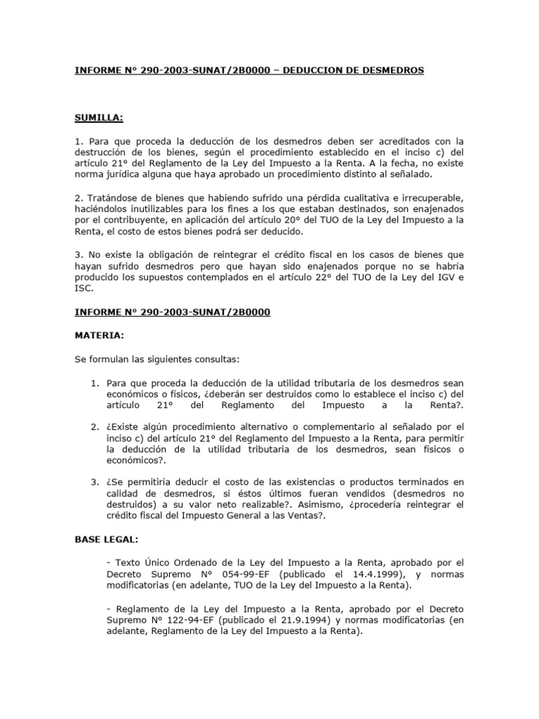 5-Informe N° 290-2003-SUNAT-2B0000-Sobre deducción de Desvaloriz de ... 5-Informe N° 290-2003-SUNAT-2B0000-Sobre deducción de Desvaloriz de ...