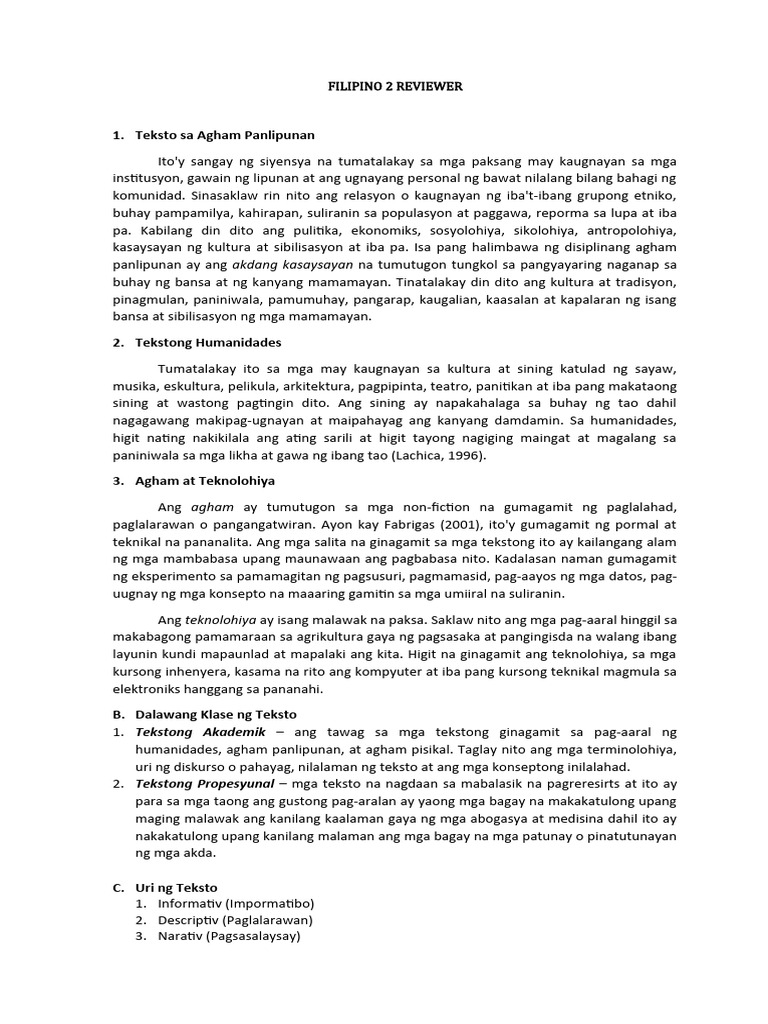 Filipino 2 Midterm Reviewer | PDF