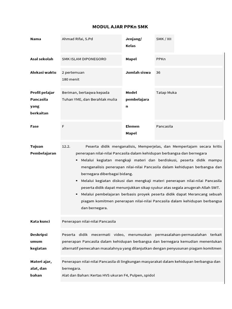 Modul Ajar PKN 12 | PDF
