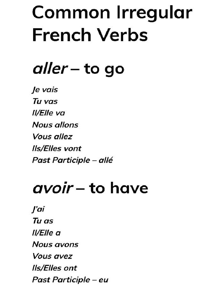 Irregular Verbs in French (Present Tense Conjugation) | PDF