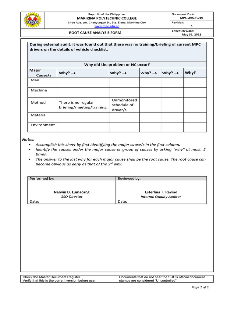 5.4. Root Cause Analysis Form Motorpool | PDF