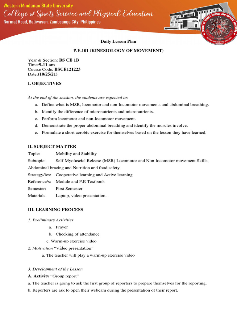 PE101 Sample Lesson Plan 4a's | PDF | Behavior Modification | Learning