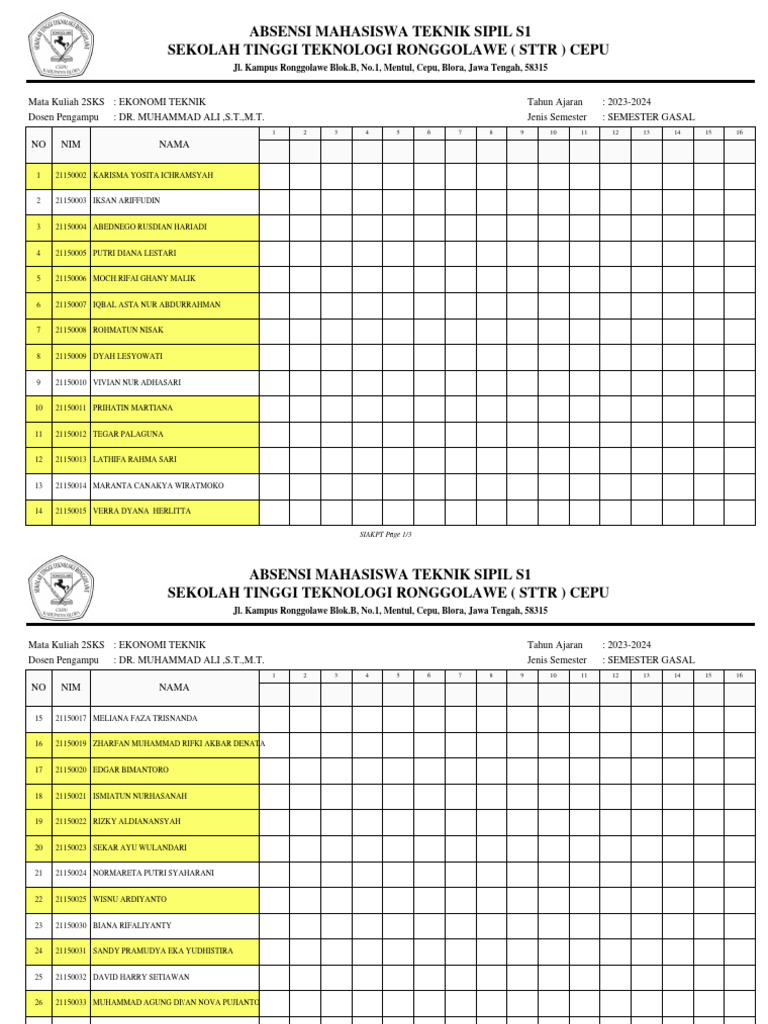 Absensi Ekonomi Teknik STTR 2023 | PDF