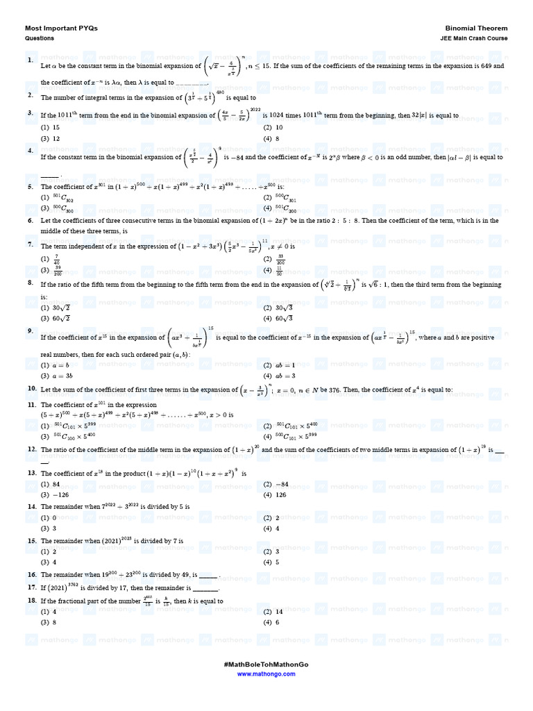 .Question Most Important PYQs Binomial Theorem JEE Main Crash Course ...