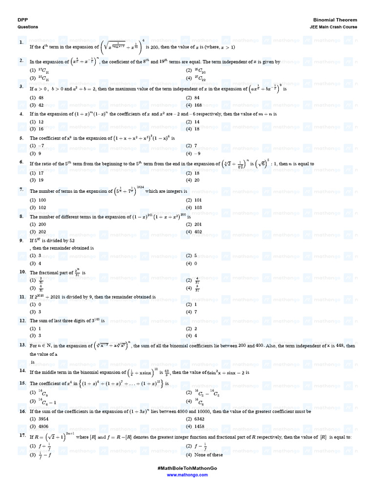 Question DPP Binomial Theorem JEE Main Crash Course MathonGo | PDF | Numbers | Algebra