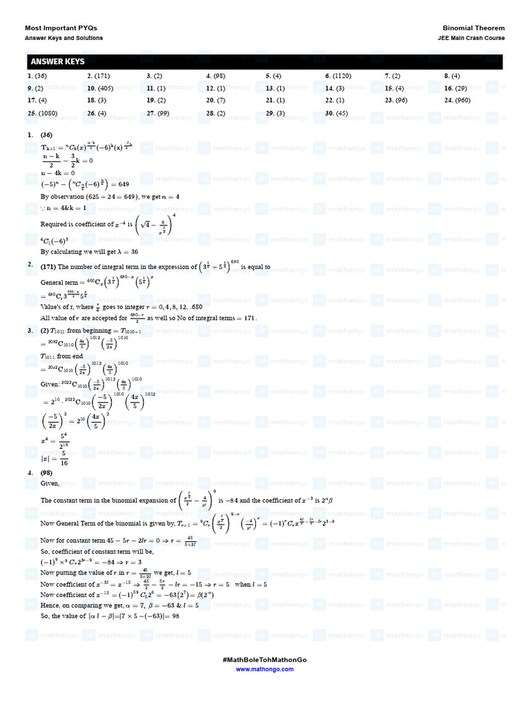 JEE Main Binomial Theorem Solutions | PDF | Complex Analysis | Number ...