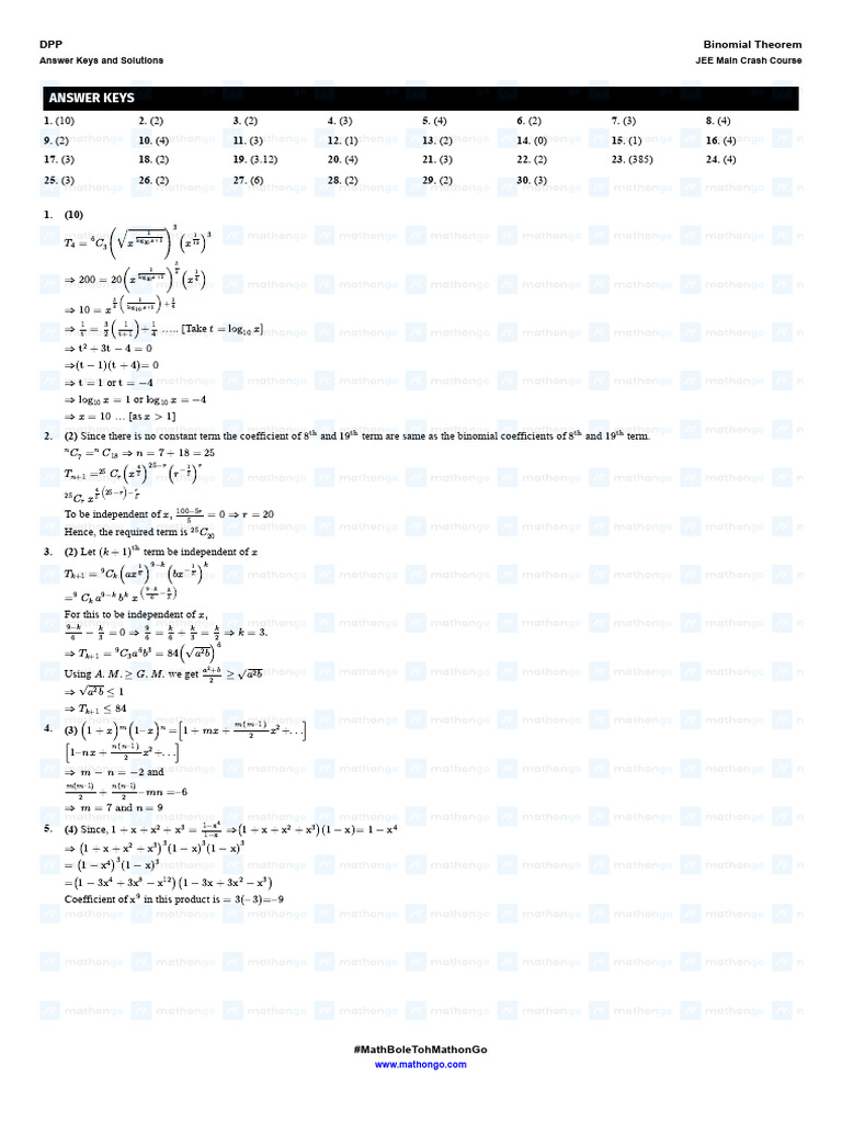 Solution DPP Binomial Theorem JEE Main Crash Course MathonGo | PDF | Mathematical Objects ...