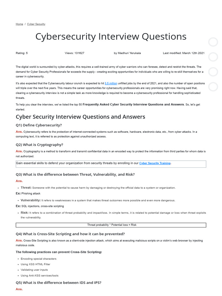 Top 50 Cybersecurity Interview Questions and Answers - 2021 | PDF ...