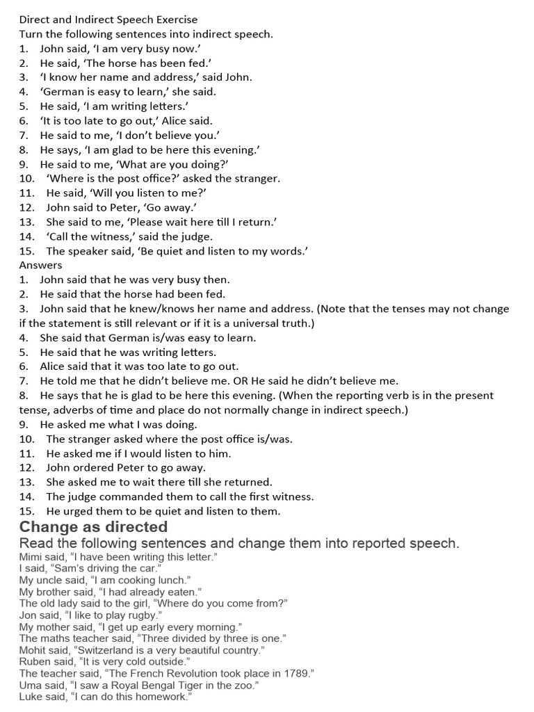 Direct and Indirect Speech Exercise | PDF
